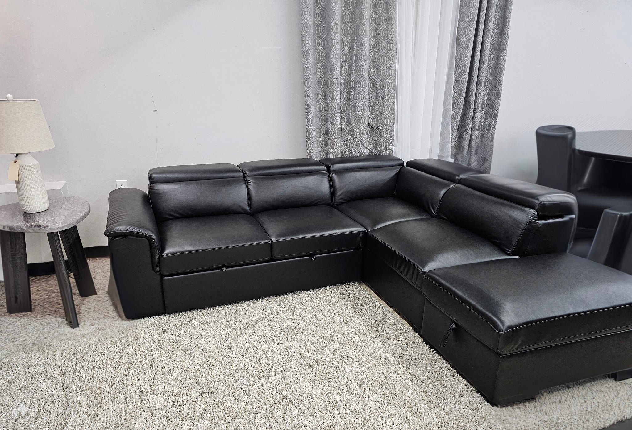 Raffaello Sectional with Pullout Sleeper | Black Faux Leather | Dream Decor